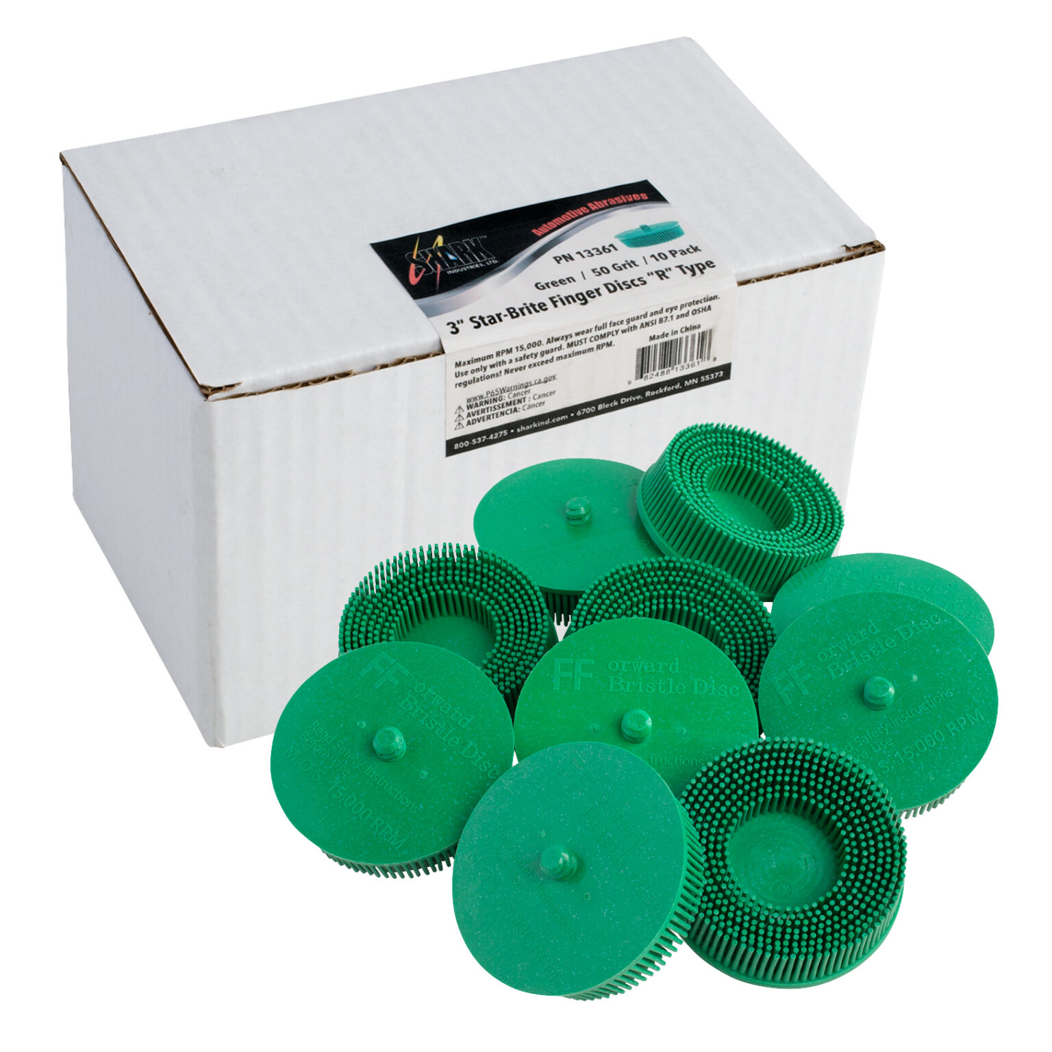 10 Pk | 3 in. Dia. Green Shark Finger Discs™ - 50 Grit - Shark Industries